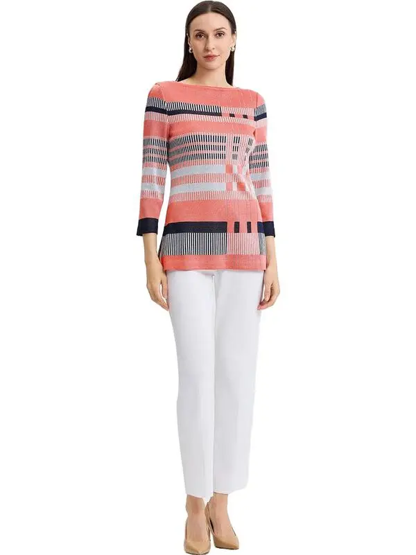 Ming Wang Jacquard Colorblock Knit Tunic - Sunkist Coral/white/indigo