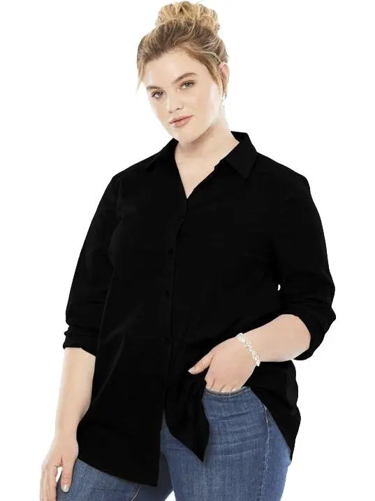Roaman's Kate Long Sleeve Button Front Shirt - Black