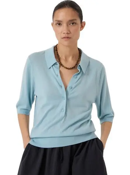 HUSH Fine Knit Short Sleeve Polo Top - Cornflower Blue