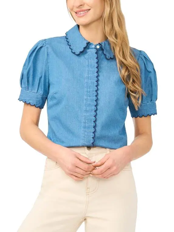CECE DUPRAZ Scallop Trim Puff Sleeve Button-up Shirt - Light Indigo