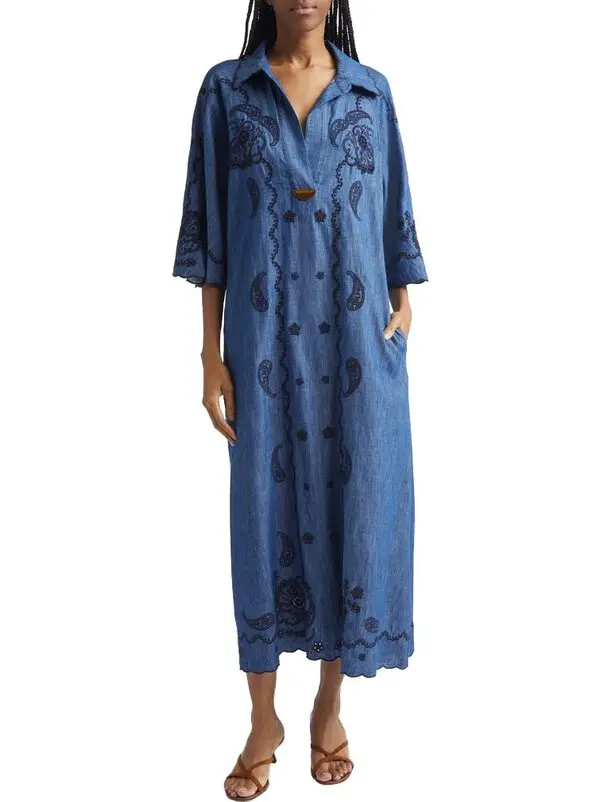 Zimmermann Aster Paisley Embroidered Denim Midi Dress - Railway Blue