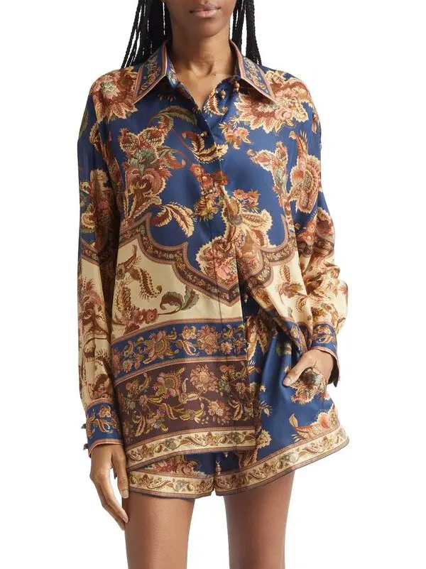 Zimmermann Aster Floral Silk Shirt - Navy Jacobean