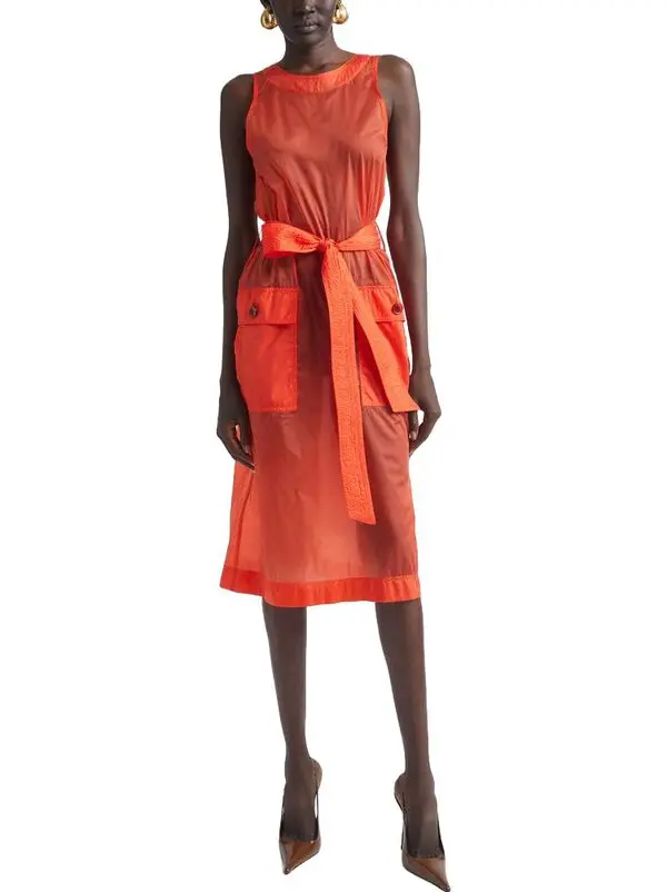 Saint Laurent Button Back Belted Nylon Dress - Rouge Orange