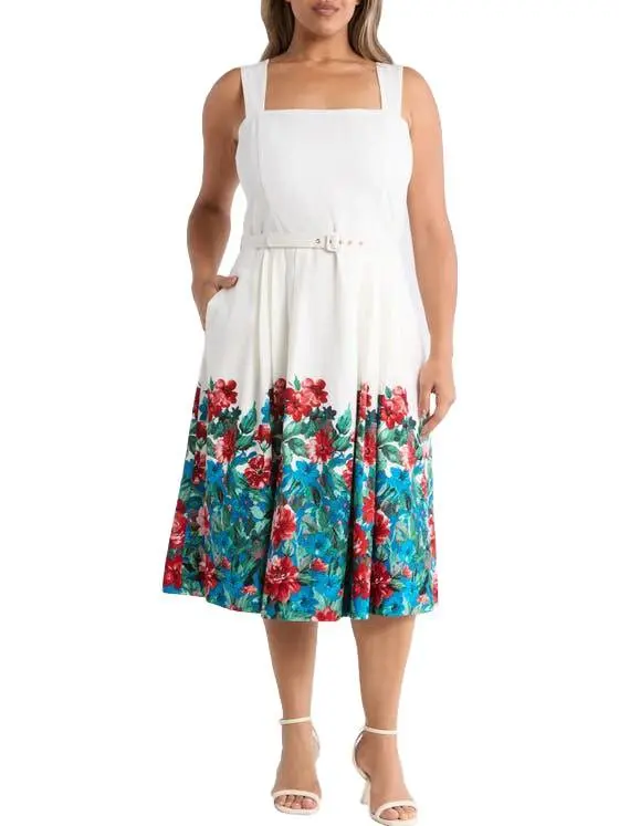 TAHARI ASL Belted Border Print Midi Dress - Ivory Multi