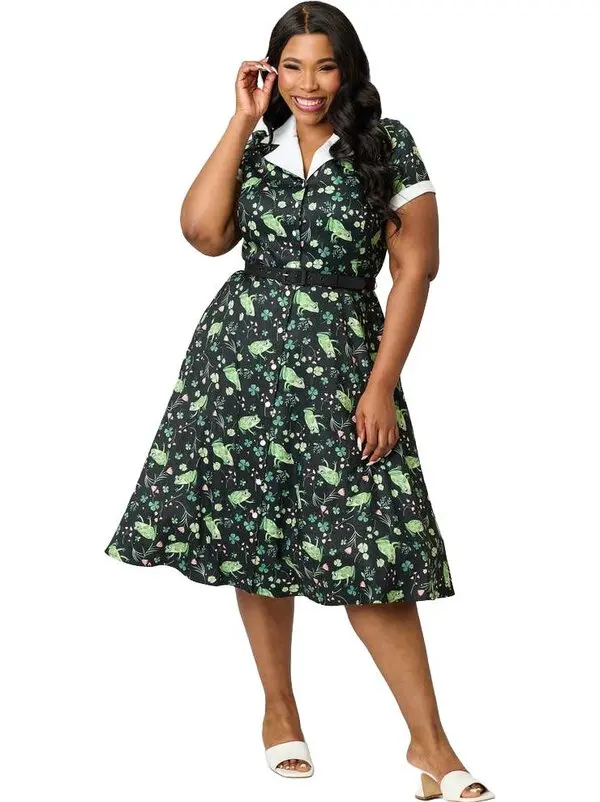 Unique Vintage Collared Belted Alexis Swing Dress - Black & Green Frog Print