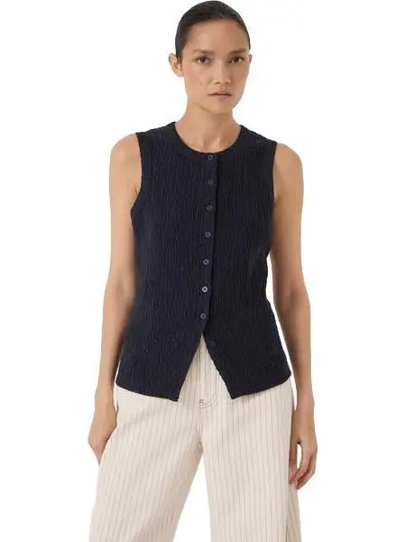 HUSH Textured Sleeveless Button-through Top - Navy Blue