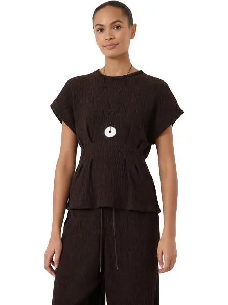 HUSH Keira Textured Pleat Release Jersey Top - Dark Brown