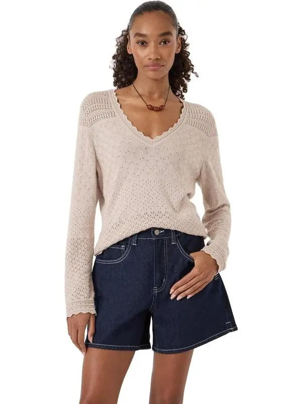 HUSH Pointelle Cotton V-neck Sweater - Stone White