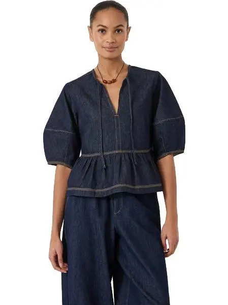 HUSH Betty Barrel Sleeve Denim Top - Rinse Wash