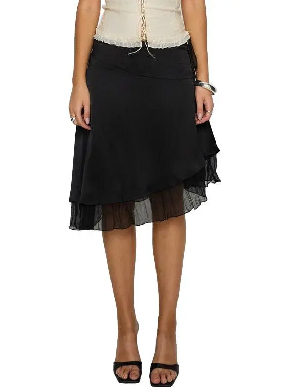 Princess Polly Chiffon Trim Satin Midi Skirt - Black