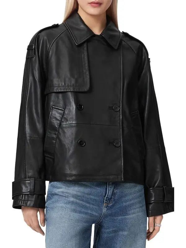 ALLSAINTS Reya Crop Leather Trench Coat - Black