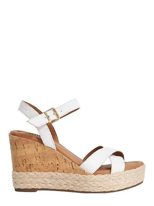 DUNE Leather Wedge Sandals - White Rept Print Leather