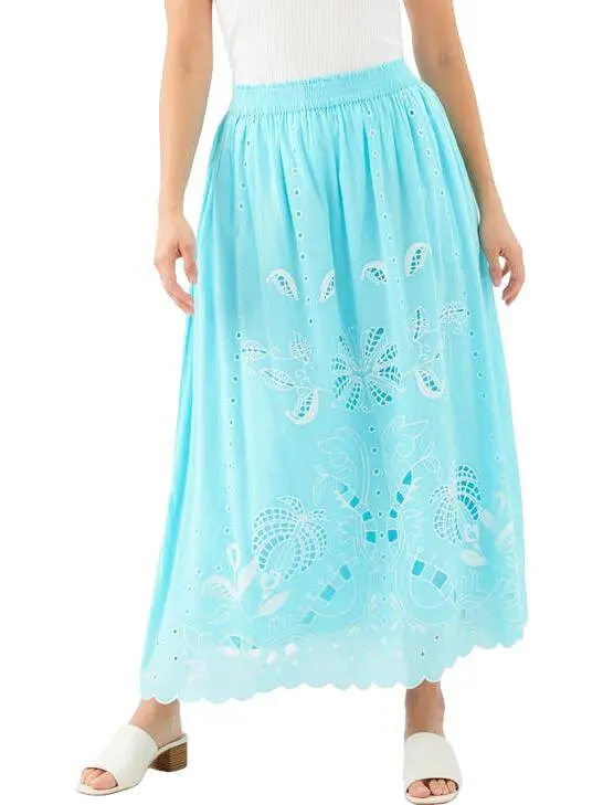 Karen Kane Embroidered Eyelet Cotton Midi Skirt - Aqua