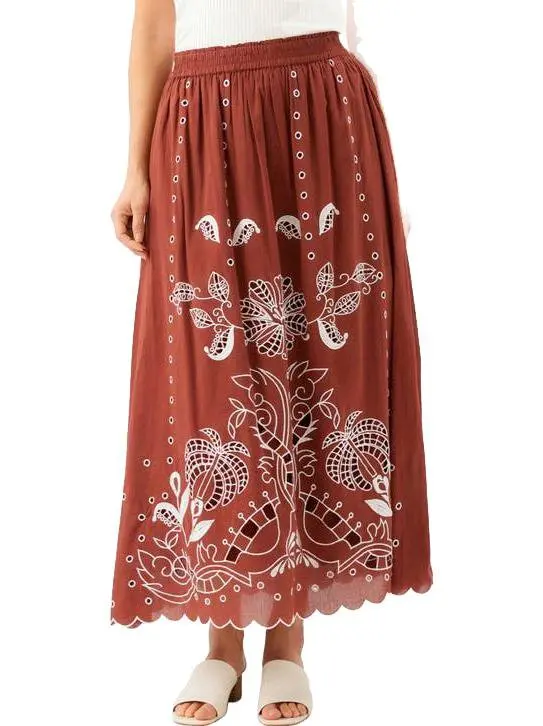 Karen Kane Embroidered Eyelet Cotton Midi Skirt - Chocolate