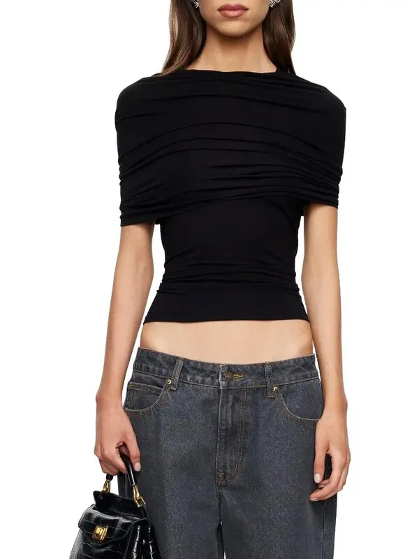 Lioness Ruched Foldover Mock Neck Crop Top - Noir