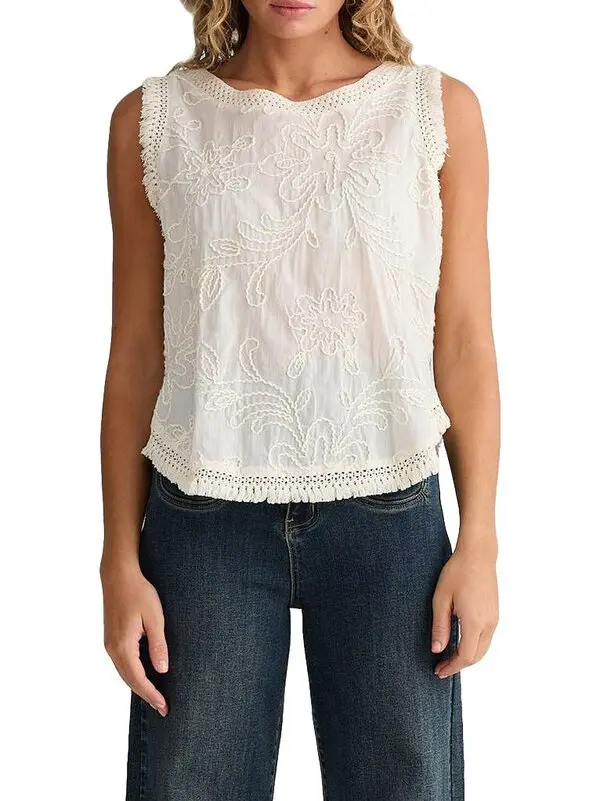 TALISMAN THE LABEL Chantilly Floral Embroidered Fringe Top - Natural Embroidery