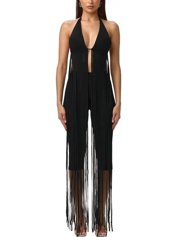 Naked Wardrobe Long Fringe Halter Top - Black