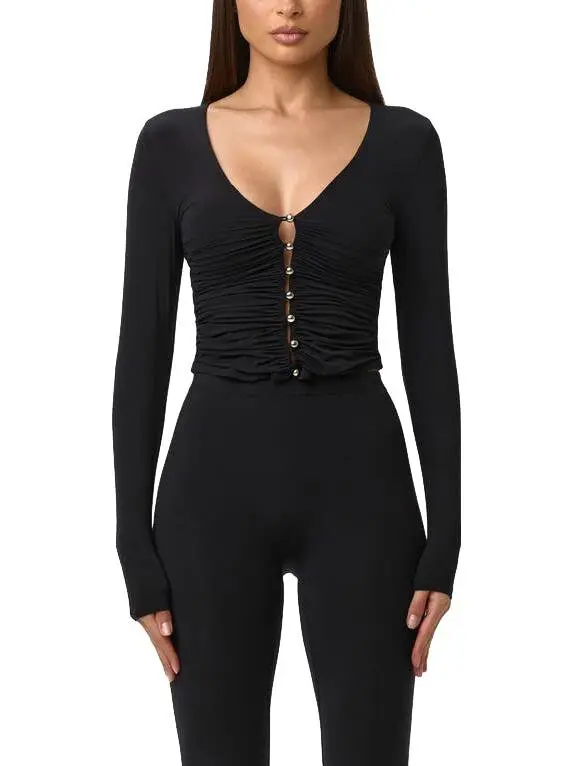 Naked Wardrobe Ruched Button-up Knit Top - Black