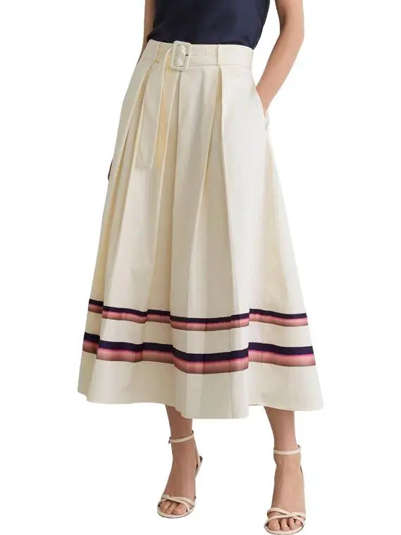 REISS Rian Stripe Stretch Cotton Midi Skirt - Cream