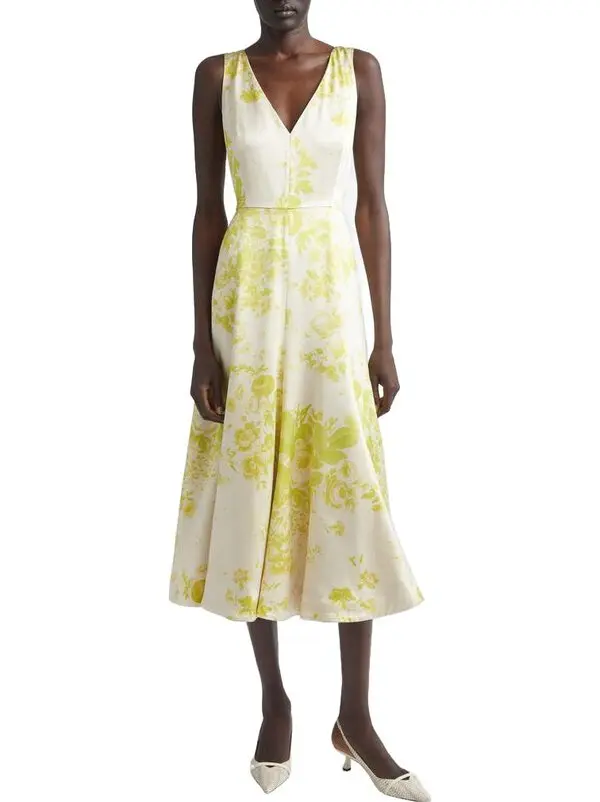 Erdem Floral Print Duchesse Satin Fit & Flare Gown - Rose Bouquet Chartreuse