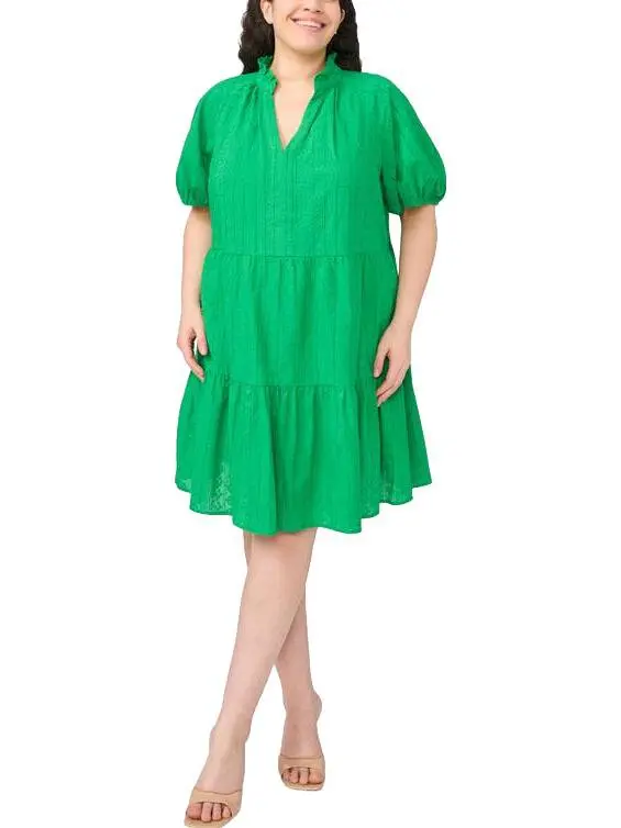 CECE DUPRAZ Embroidered Tiered Cotton Babydoll Dress - Vibrant Kelly
