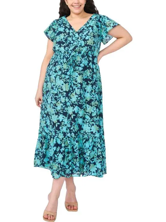 CECE DUPRAZ Floral Flutter Sleeve Midi Dress - Classic Navy
