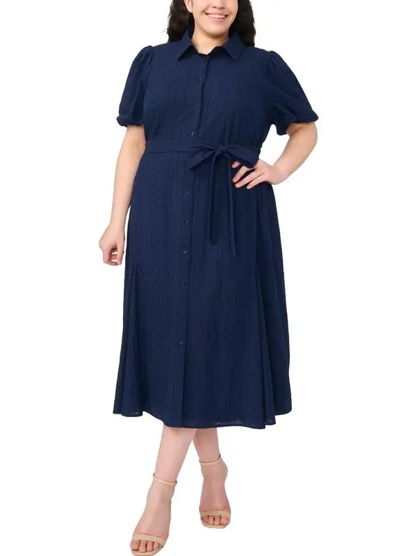 CECE DUPRAZ Embroidered Tie Waist Maxi Shirtdress - Classic Navy