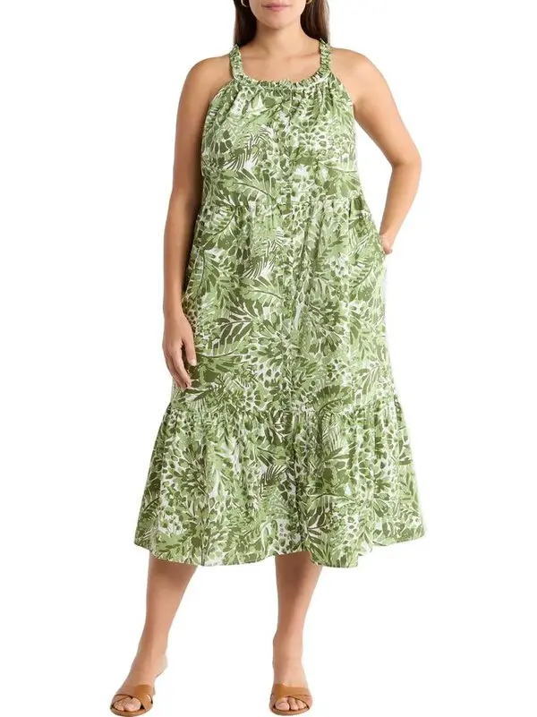 SUGARLIPS Irenan Leaf Zelie Cotton Midi Dress - White/olives