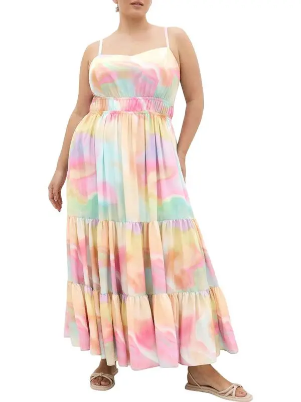 City Chic Shirred Waist Maxi Dress - Pastel Swirl