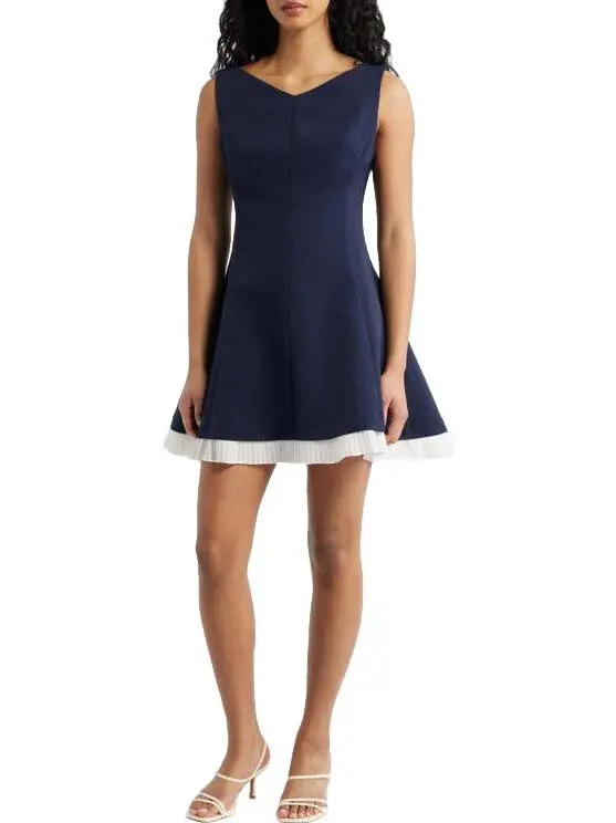 FREEMARKET Contrast Hem Detail Fit & Flare Mini Dress - Navy/white