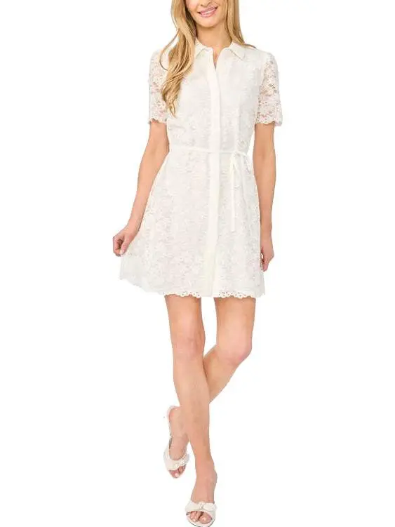 CECE DUPRAZ Tie Waist Lace Mini Shirtdress - New Ivory