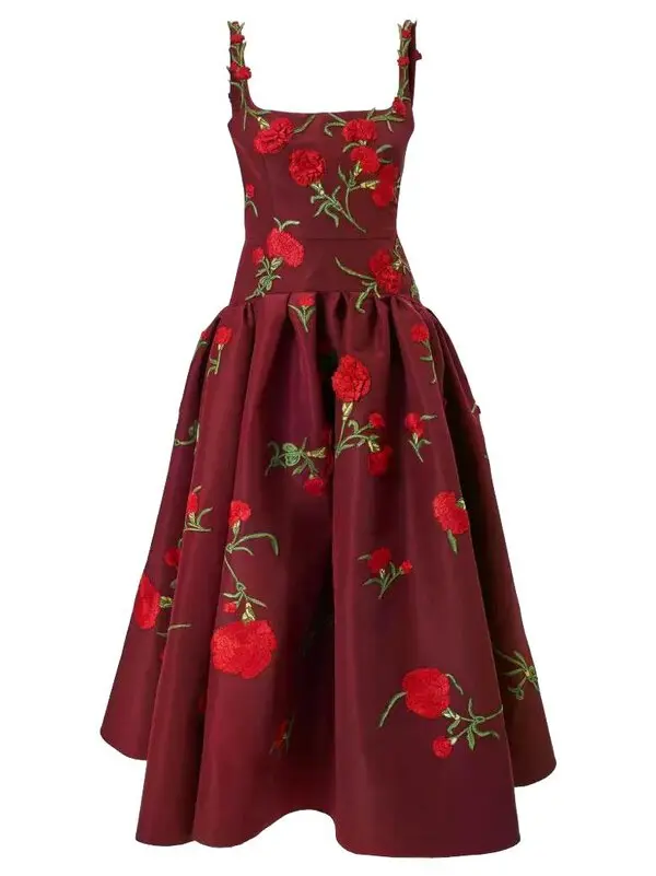 Carolina Herrera Carnation Embroidered Silk Faille Dress - Red