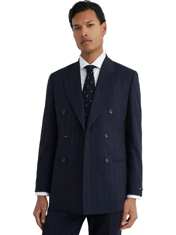REISS Bank Wool Pinstripe Double-breasted Suit Blazer Tailored-fit - Navy