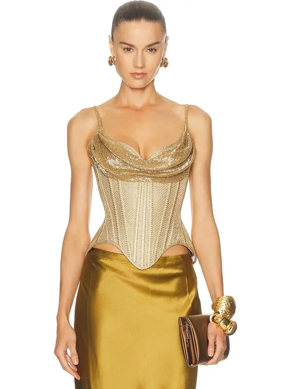WIEDERHOEFT Salon Beaded Lame Corset Top - Gold