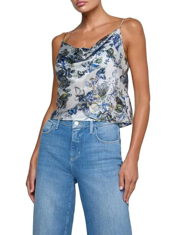 L'Agence Calista Cowl Neck Silk Camisole - Grey Multi Watercolr Butterfly