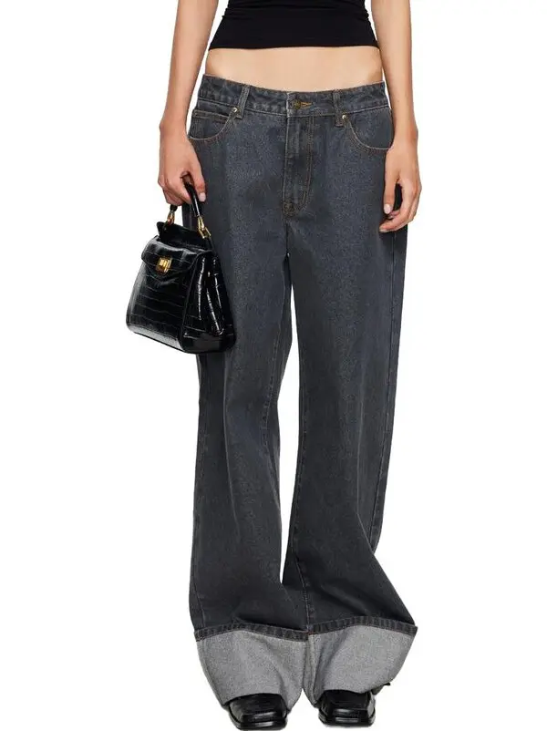 Lioness Cuffed Relaxed Fit Straight Leg Jeans - Charcoal