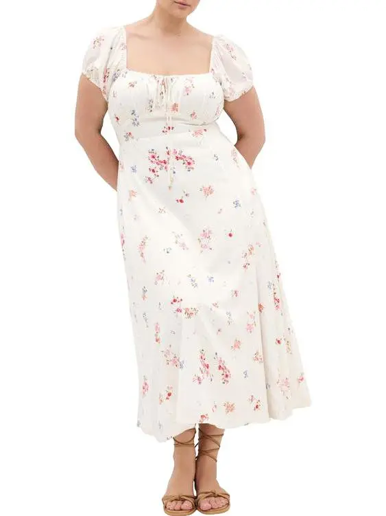 City Chic Floral Print Square Neck Midi Sundress - Ivory Petal