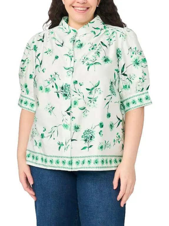 CECE DUPRAZ Floral Button-up Shirt With Band Collar - Vibrant Kelly