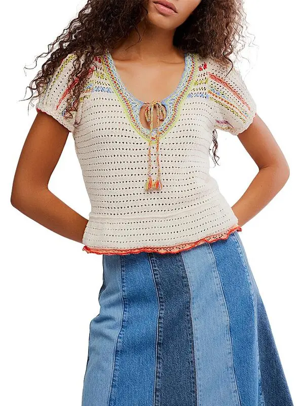 Free People Friendship Pointelle Pullover - Tofu Combo