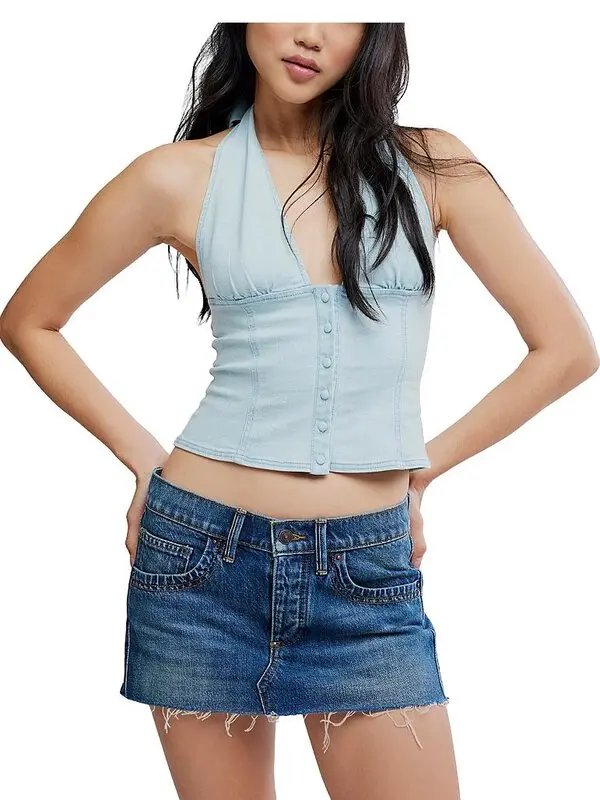 Free People Lainey Low Rise Denim Mini Skirt - Cool Beans