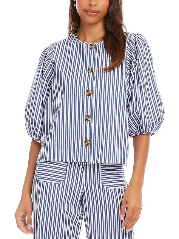 Karen Kane Stripe Puff Sleeve Button Front Top - Blue/ Off White