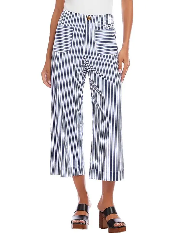 Karen Kane Stripe Cropped Wide Leg Pants - Blue/ Off White