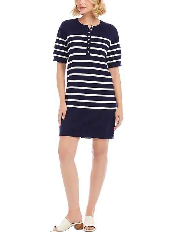 Karen Kane Short Sleeve Henley Sweater Dress - Navy/ Off White