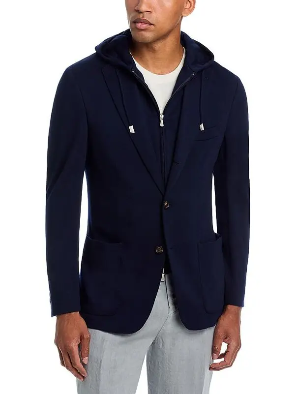 Eleventy Wool Jersey Jacket With Removable Hoodie - Navy