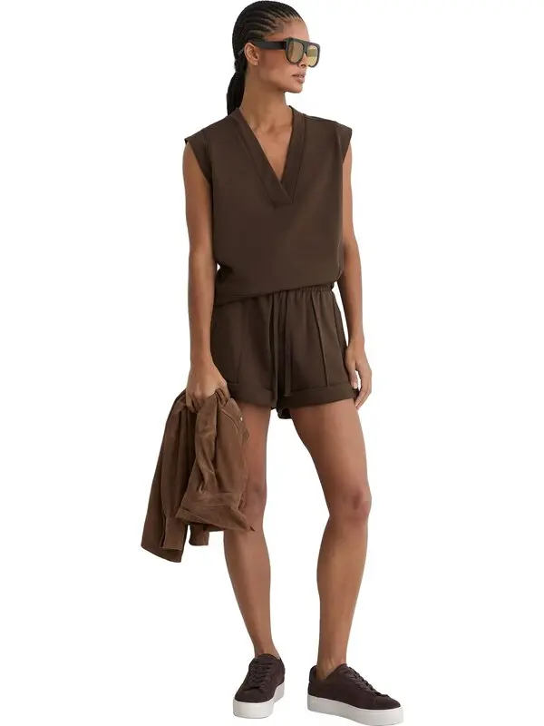 REISS Willa Sleeveless V-neck Top - Chocolate Brown