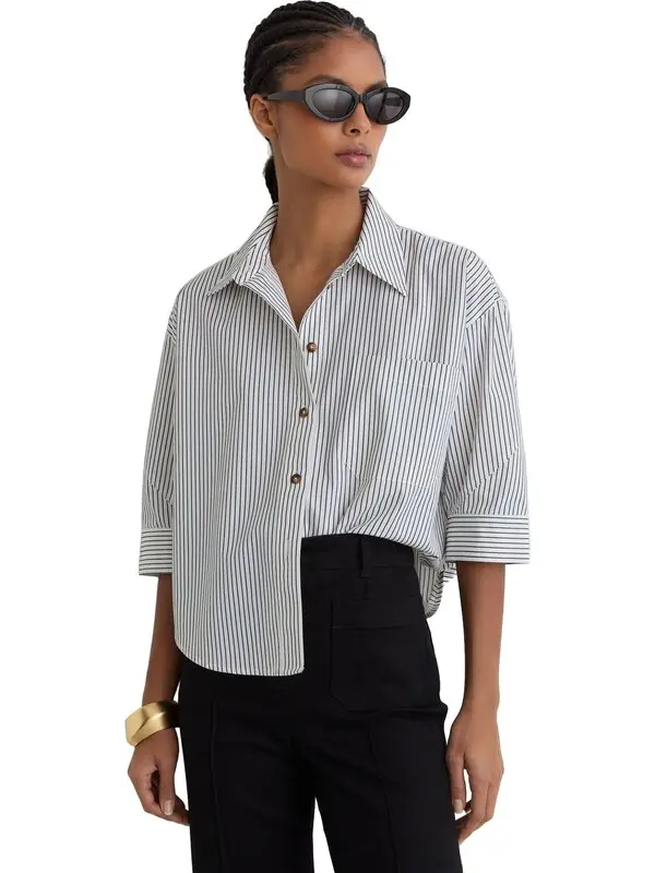 REISS Cotton Striped Cropped Shirt - Ivory/blue