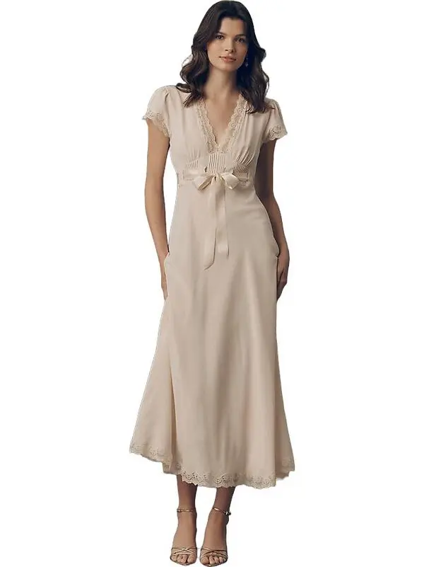 Rixo Marlice Silk Maxi Dress With Bow Detail - Pearl