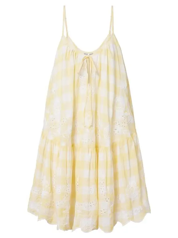 JULIET DUNN Embroidered Checked Cotton Minidress - Yellow