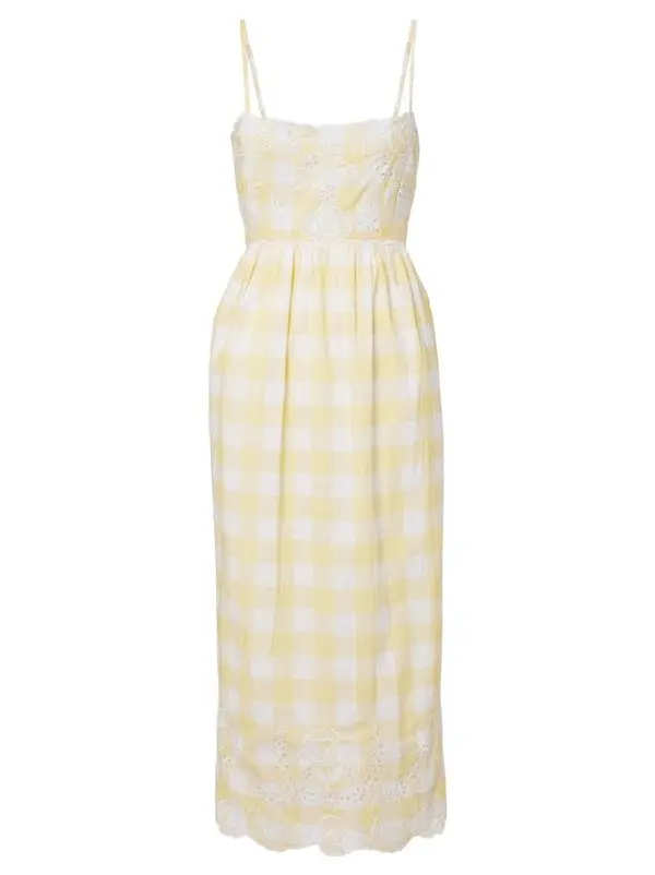 JULIET DUNN Embroidered Checked Cotton Midi Dress - Yellow