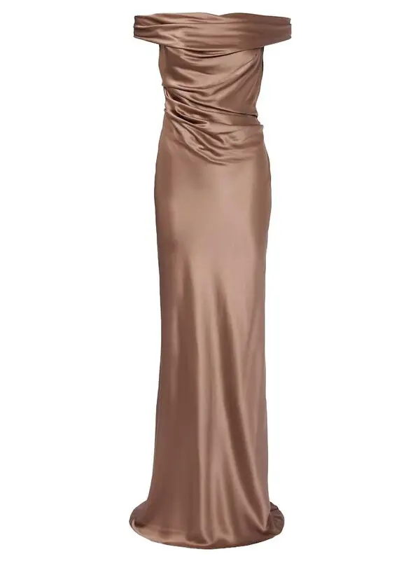 THE SEI Off-shoulder Silk Charmeuse Gown - Brown